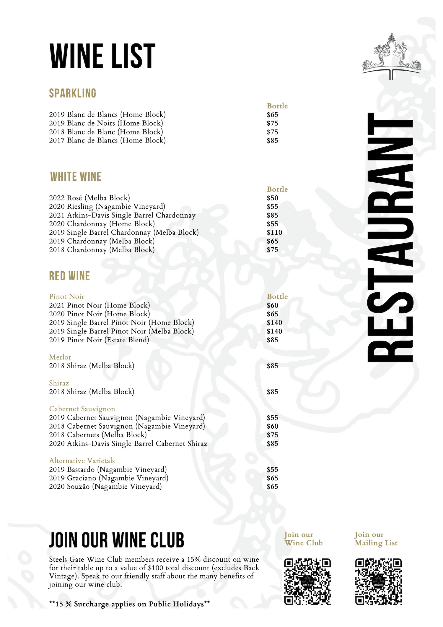 Our Menus - Steels Gate Wines